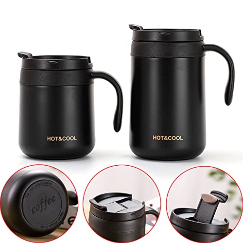 12oz/18oz Insulated Coffee Mug with Handle and Lid, Double Wall Vacuum Stainless Steel Coffee Travel Mug, Tumbler Cup，Reusable and Durable Travel Coffee Cup Thermal Cup, Black 18oz