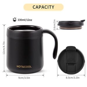 12oz/18oz Insulated Coffee Mug with Handle and Lid, Double Wall Vacuum Stainless Steel Coffee Travel Mug, Tumbler Cup，Reusable and Durable Travel Coffee Cup Thermal Cup, Black 12oz