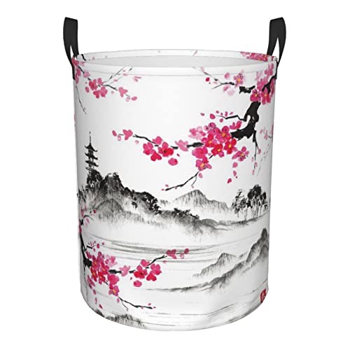 Aao-S745 Watercolor Japanese Sumi E Sakura Hills Cherry Blossom Large Laundry Hamper With Handle Foldable Durable Basket Organizer Storage Bin Dirty Clothes Bag For Bedroom Nursery Bathroom, Black