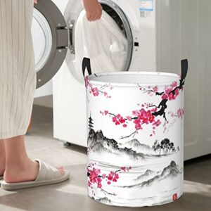 Aao-S745 Watercolor Japanese Sumi E Sakura Hills Cherry Blossom Large Laundry Hamper With Handle Foldable Durable Basket Organizer Storage Bin Dirty Clothes Bag For Bedroom Nursery Bathroom, Black