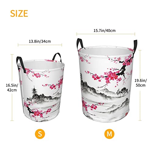 Aao-S745 Watercolor Japanese Sumi E Sakura Hills Cherry Blossom Large Laundry Hamper With Handle Foldable Durable Basket Organizer Storage Bin Dirty Clothes Bag For Bedroom Nursery Bathroom, Black