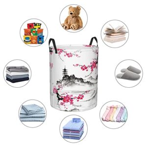 Aao-S745 Watercolor Japanese Sumi E Sakura Hills Cherry Blossom Large Laundry Hamper With Handle Foldable Durable Basket Organizer Storage Bin Dirty Clothes Bag For Bedroom Nursery Bathroom, Black