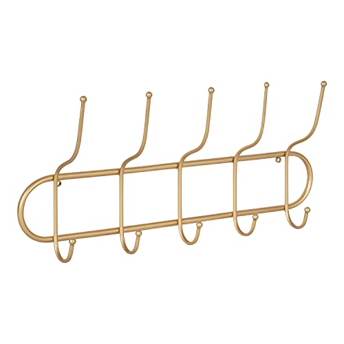 Kate and Laurel Vaida Boho Wall Mounted Coat Rack, 25 x 4 x 12, Gold, Five Decorative Glam Double Sided Coat Hooks and Hat Rack with Trendy Capsule Shape