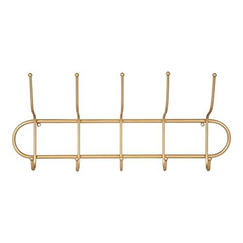 Kate and Laurel Vaida Boho Wall Mounted Coat Rack, 25 x 4 x 12, Gold, Five Decorative Glam Double Sided Coat Hooks and Hat Rack with Trendy Capsule Shape