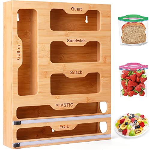 TOOVREN Ziplock Bag Storage Organizer and Wrap Dispenser with Cutter and Labels, 2 in 1 Bamboo Kitchen Drawer Organizer, Foil and Plastic Wrap Organizer, Plastic Baggie Organizer Food Bag Organizer