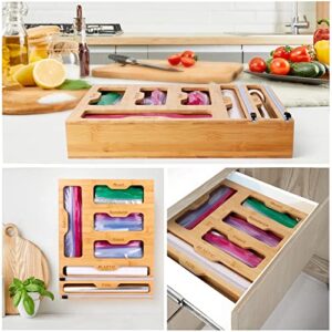 TOOVREN Ziplock Bag Storage Organizer and Wrap Dispenser with Cutter and Labels, 2 in 1 Bamboo Kitchen Drawer Organizer, Foil and Plastic Wrap Organizer, Plastic Baggie Organizer Food Bag Organizer