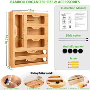 TOOVREN Ziplock Bag Storage Organizer and Wrap Dispenser with Cutter and Labels, 2 in 1 Bamboo Kitchen Drawer Organizer, Foil and Plastic Wrap Organizer, Plastic Baggie Organizer Food Bag Organizer