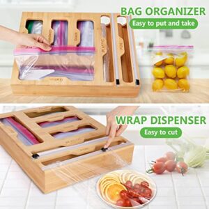 TOOVREN Ziplock Bag Storage Organizer and Wrap Dispenser with Cutter and Labels, 2 in 1 Bamboo Kitchen Drawer Organizer, Foil and Plastic Wrap Organizer, Plastic Baggie Organizer Food Bag Organizer