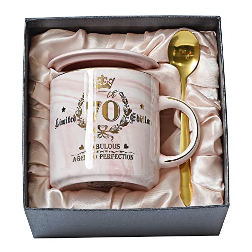 70th Birthday Gifts for Women - Aged to Perfection Coffee Mug - Unique Birthday Present for Grandma Mum Wife Girl Friend Sister - Pink Marble Mug for Coffee Lovers 14Oz Tea Cup Gift Boxed