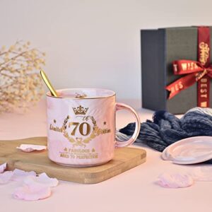 70th Birthday Gifts for Women - Aged to Perfection Coffee Mug - Unique Birthday Present for Grandma Mum Wife Girl Friend Sister - Pink Marble Mug for Coffee Lovers 14Oz Tea Cup Gift Boxed