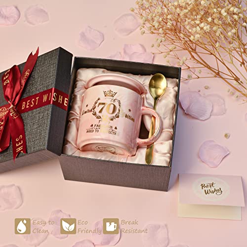 70th Birthday Gifts for Women - Aged to Perfection Coffee Mug - Unique Birthday Present for Grandma Mum Wife Girl Friend Sister - Pink Marble Mug for Coffee Lovers 14Oz Tea Cup Gift Boxed