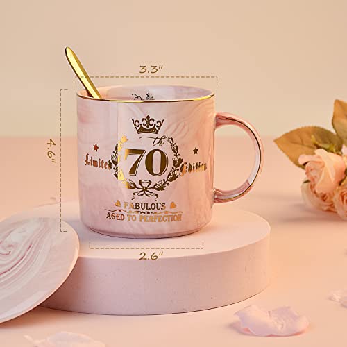 70th Birthday Gifts for Women - Aged to Perfection Coffee Mug - Unique Birthday Present for Grandma Mum Wife Girl Friend Sister - Pink Marble Mug for Coffee Lovers 14Oz Tea Cup Gift Boxed