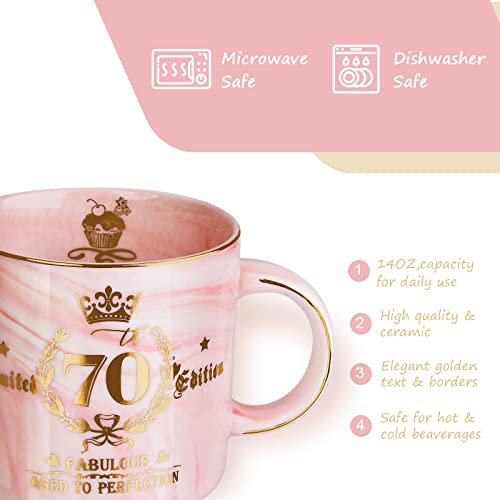 70th Birthday Gifts for Women - Aged to Perfection Coffee Mug - Unique Birthday Present for Grandma Mum Wife Girl Friend Sister - Pink Marble Mug for Coffee Lovers 14Oz Tea Cup Gift Boxed