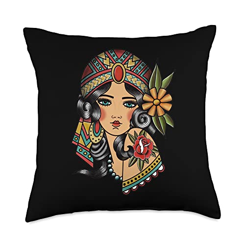 Kraken Jack American Traditional Tattoos Gypsy Lady Head Fortune Teller American Traditional Tattoo Throw Pillow, 18x18, Multicolor