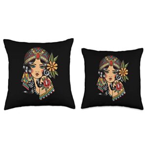 Kraken Jack American Traditional Tattoos Gypsy Lady Head Fortune Teller American Traditional Tattoo Throw Pillow, 18x18, Multicolor