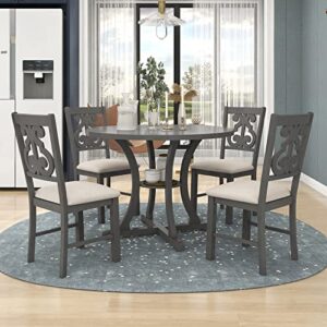 GLORHOME 5 Piece Round Table Set for 4 with Special-Shaped Legs and an Exquisitely Designed Hollow Chair Back in The Dining Room, Gray+Green