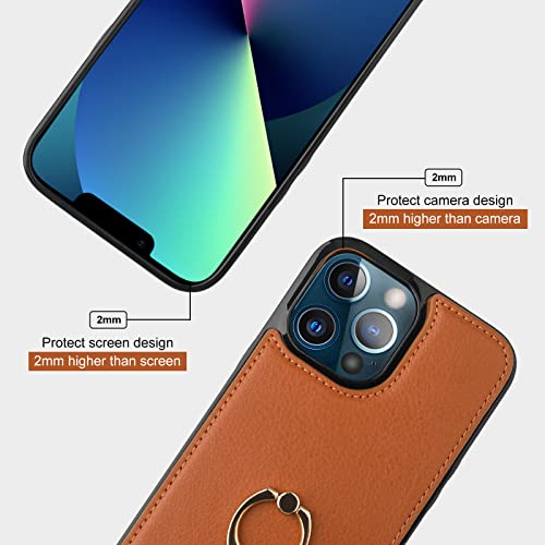 Folosu Compatible with iPhone 13 Pro Max Case Wallet with Card Holder, 360°Rotation Finger Ring Holder Kickstand Protective RFID Blocking PU Leather Double Buttons Flip Shockproof Cover 6.7 Inch Brown