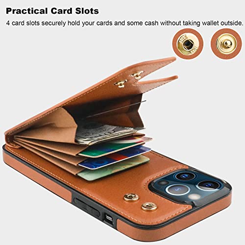 Folosu Compatible with iPhone 13 Pro Max Case Wallet with Card Holder, 360°Rotation Finger Ring Holder Kickstand Protective RFID Blocking PU Leather Double Buttons Flip Shockproof Cover 6.7 Inch Brown