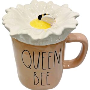 Rae Dunn Magenta Finely Glazed Ceramic Coffee Mug in Salmon with Daisy Flower Lid | Inscribed: QUEEN BEE Daisy with Bumble Bee on Lid