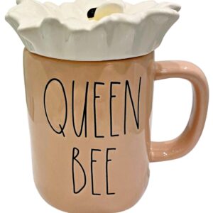 Rae Dunn Magenta Finely Glazed Ceramic Coffee Mug in Salmon with Daisy Flower Lid | Inscribed: QUEEN BEE Daisy with Bumble Bee on Lid