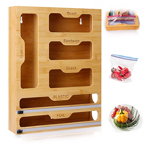 Bamboo 6 IN 1 Foil And Plastic Wrap Organizer With Ziplock Bag Storage Organizer for Kitchen Drawer, TIGARI Plastic Wrap Dispenser With Cutter, Suitable for Wrap, Foil, Gallon, Quart, Sandwich Bags