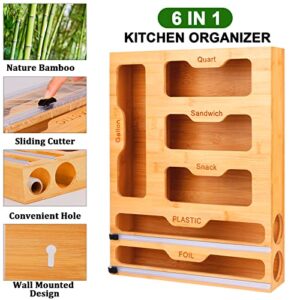 Bamboo 6 IN 1 Foil And Plastic Wrap Organizer With Ziplock Bag Storage Organizer for Kitchen Drawer, TIGARI Plastic Wrap Dispenser With Cutter, Suitable for Wrap, Foil, Gallon, Quart, Sandwich Bags