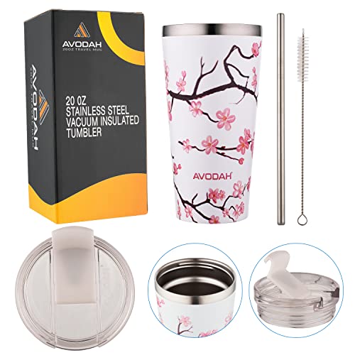 AVODAH 20 oz Tumbler With Lid and Straw. Dishwasher Safe Insulated Travel Mug with Leakproof Lid and Reusable Straw (Cherry Blossom)