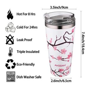 AVODAH 20 oz Tumbler With Lid and Straw. Dishwasher Safe Insulated Travel Mug with Leakproof Lid and Reusable Straw (Cherry Blossom)