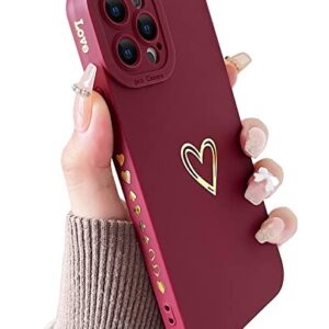 Yeddabox Compatible with iPhone 12 Pro Max Case for Women, Bronzing Luxury Heart Phone Case Cute Soft TPU Shockproof Full Camera Lens Protective Cover for iPhone 12 Pro Max 6.7 Inch - Burgundy