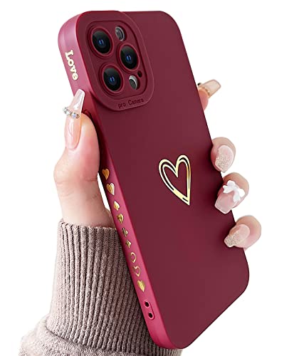 Yeddabox Compatible with iPhone 12 Pro Max Case for Women, Bronzing Luxury Heart Phone Case Cute Soft TPU Shockproof Full Camera Lens Protective Cover for iPhone 12 Pro Max 6.7 Inch - Burgundy