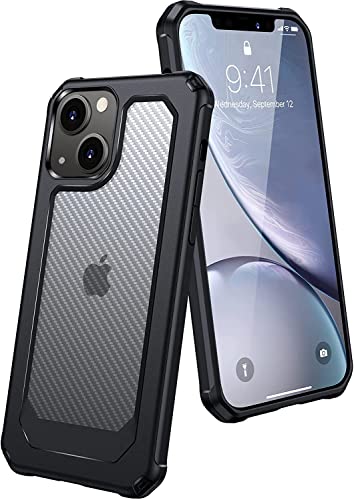 CASEDADDY [Military Protective Designed for iPhone 13 Case 6.1 inch, Shockproof Black Heavy Duty Rugged Phone Case Cover for Men & Boys with Translucent Anti-Scratch Carbon Fiber Back- Black