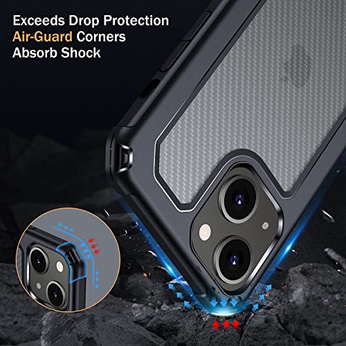 CASEDADDY [Military Protective Designed for iPhone 13 Case 6.1 inch, Shockproof Black Heavy Duty Rugged Phone Case Cover for Men & Boys with Translucent Anti-Scratch Carbon Fiber Back- Black