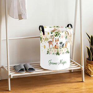 Woodland Girl Pink Floral Personalized Laundry Hamper with Handles Waterproof,Custom Collapsible Laundry Bin,Clothes Toys Storage Baskets for Bedroom,Bathroom Decorative Large Capacity 50L