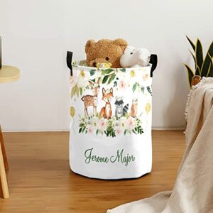 Woodland Girl Pink Floral Personalized Laundry Hamper with Handles Waterproof,Custom Collapsible Laundry Bin,Clothes Toys Storage Baskets for Bedroom,Bathroom Decorative Large Capacity 50L