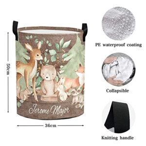 Rustic Woodland Forest Animals Personalized Laundry Hamper with Handles Waterproof,Custom Collapsible Laundry Bin,Clothes Toys Storage Baskets for Bedroom,Bathroom Decorative Large Capacity 50L