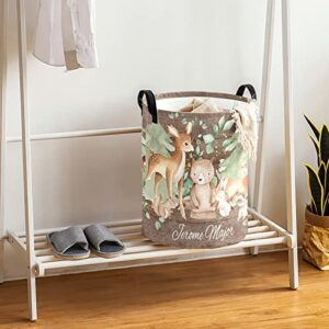 Rustic Woodland Forest Animals Personalized Laundry Hamper with Handles Waterproof,Custom Collapsible Laundry Bin,Clothes Toys Storage Baskets for Bedroom,Bathroom Decorative Large Capacity 50L