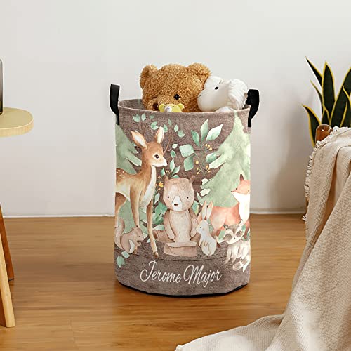 Rustic Woodland Forest Animals Personalized Laundry Hamper with Handles Waterproof,Custom Collapsible Laundry Bin,Clothes Toys Storage Baskets for Bedroom,Bathroom Decorative Large Capacity 50L