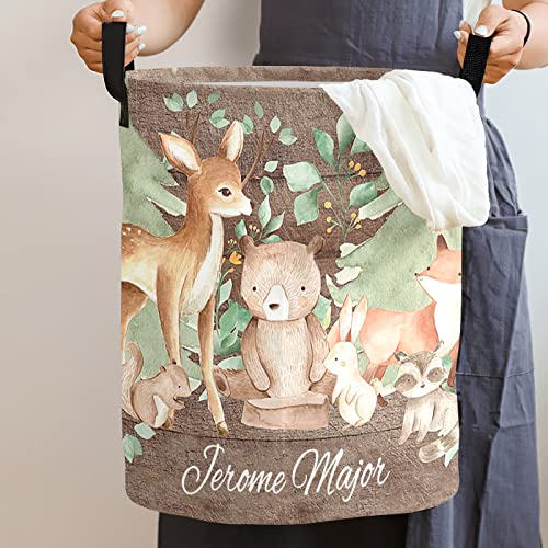 Rustic Woodland Forest Animals Personalized Laundry Hamper with Handles Waterproof,Custom Collapsible Laundry Bin,Clothes Toys Storage Baskets for Bedroom,Bathroom Decorative Large Capacity 50L