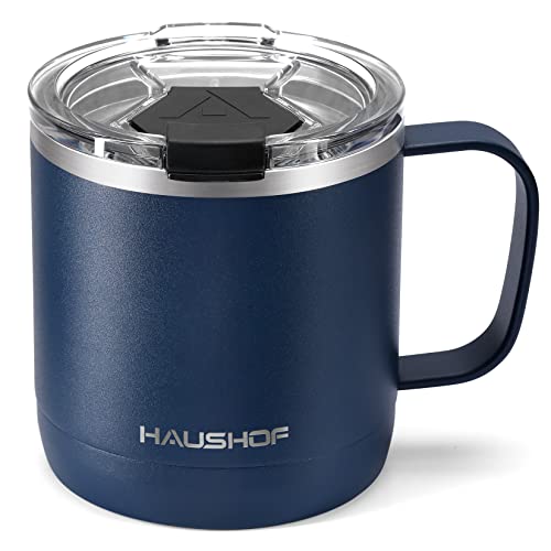 HAUSHOF 14 oz Coffee Mug, Insulated Coffee Mug with Handle, Travel Camping Cup, Portable Stainless Steel Coffee Cup, Insulated Coffee Cups with Lid, Navy Blue