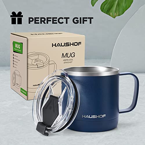 HAUSHOF 14 oz Coffee Mug, Insulated Coffee Mug with Handle, Travel Camping Cup, Portable Stainless Steel Coffee Cup, Insulated Coffee Cups with Lid, Navy Blue