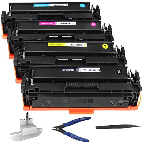 Vikua 206X Toner Cartridges 4 Pack High Yield No Chip, Compatible with Color Laserjet Pro M255dw M255nw MFP M282nw M283cdw M283fdn M283fdw Printers, Black Cyan Yellow Magenta, with Chip Tools