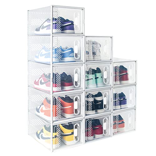 Hrrsaki 12 Pack XX-Large Shoe Storage Boxes, Shoe Boxes Clear Plastic Stackable, Shoe Organizer Boxes with Front Opening Lids, Ventilation and Dust-proof, Shoe Container Boxes for Closet, Bedroom, Bathroom, Fit for Women/Men Size 13(13.7” x 9.8” x 7.5”) (