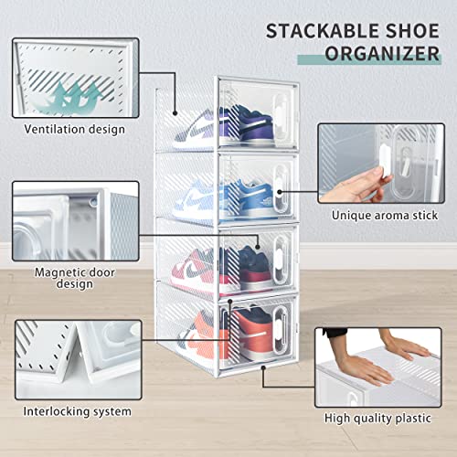 Hrrsaki 12 Pack XX-Large Shoe Storage Boxes, Shoe Boxes Clear Plastic Stackable, Shoe Organizer Boxes with Front Opening Lids, Ventilation and Dust-proof, Shoe Container Boxes for Closet, Bedroom, Bathroom, Fit for Women/Men Size 13(13.7” x 9.8” x 7.5”) (