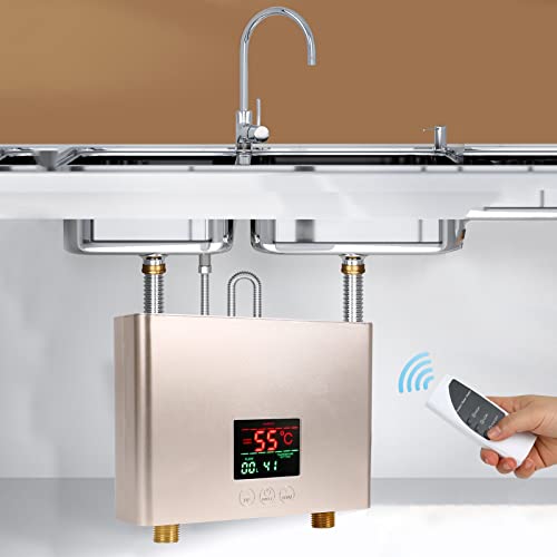 Instantaneous Water Heater 3000W 110V, Mini Electric Tankless, Variable Frequency Constant Temperature and Rapid Heating, with Remote Control, for Small Places, Such as Kitchen and Bathroom (Gold)