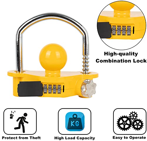 SUCOLE Trailer Ball Tow Hitch Lock Adjustable Storage Security Boat Trailer Lock Universal Heavy-Duty Steel Coupler Tongue Lock for Travel Trailer Yellow