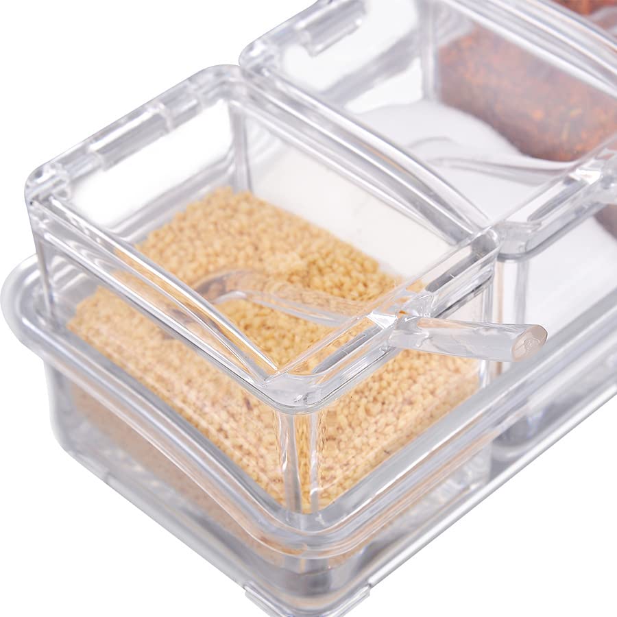 Clear Seasoning Box,4 Spice Jars Condiment Containers with Lids and 4Pcs Spoons 1Pcs Tray Seasoning Organizer for Salt, Sugar, Allspice, Cardamon, Cinnamon, Cloves, Mustard, Nutmeg, Pepper and Tumeric