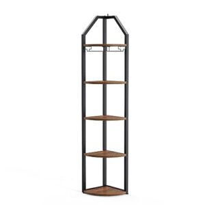 SAUCE ZHAN 70 Inch Rustic Corner Shelf 5 Tier Tall Corner Bookshelf with Storage Industrial Corner Shelf Stand with Goblet Holder Wooden Bookcase for Living Room, Kitchen, Small Space - Brown