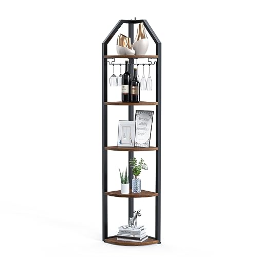 SAUCE ZHAN 70 Inch Rustic Corner Shelf 5 Tier Tall Corner Bookshelf with Storage Industrial Corner Shelf Stand with Goblet Holder Wooden Bookcase for Living Room, Kitchen, Small Space - Brown