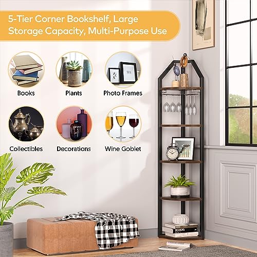 SAUCE ZHAN 70 Inch Rustic Corner Shelf 5 Tier Tall Corner Bookshelf with Storage Industrial Corner Shelf Stand with Goblet Holder Wooden Bookcase for Living Room, Kitchen, Small Space - Brown