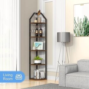 SAUCE ZHAN 70 Inch Rustic Corner Shelf 5 Tier Tall Corner Bookshelf with Storage Industrial Corner Shelf Stand with Goblet Holder Wooden Bookcase for Living Room, Kitchen, Small Space - Brown